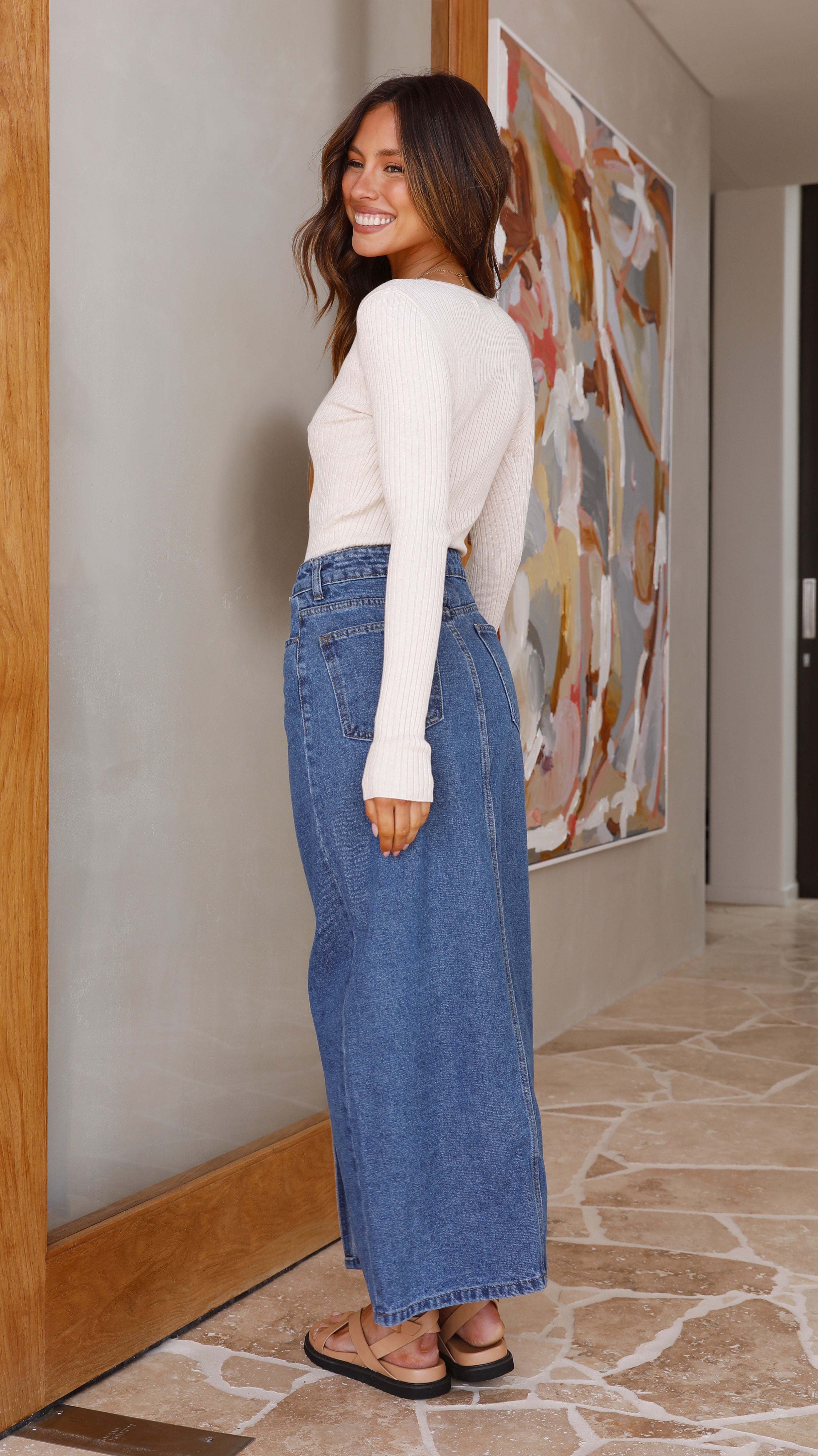 Reno Denim Midi Skirt Dark Blue Lelonys